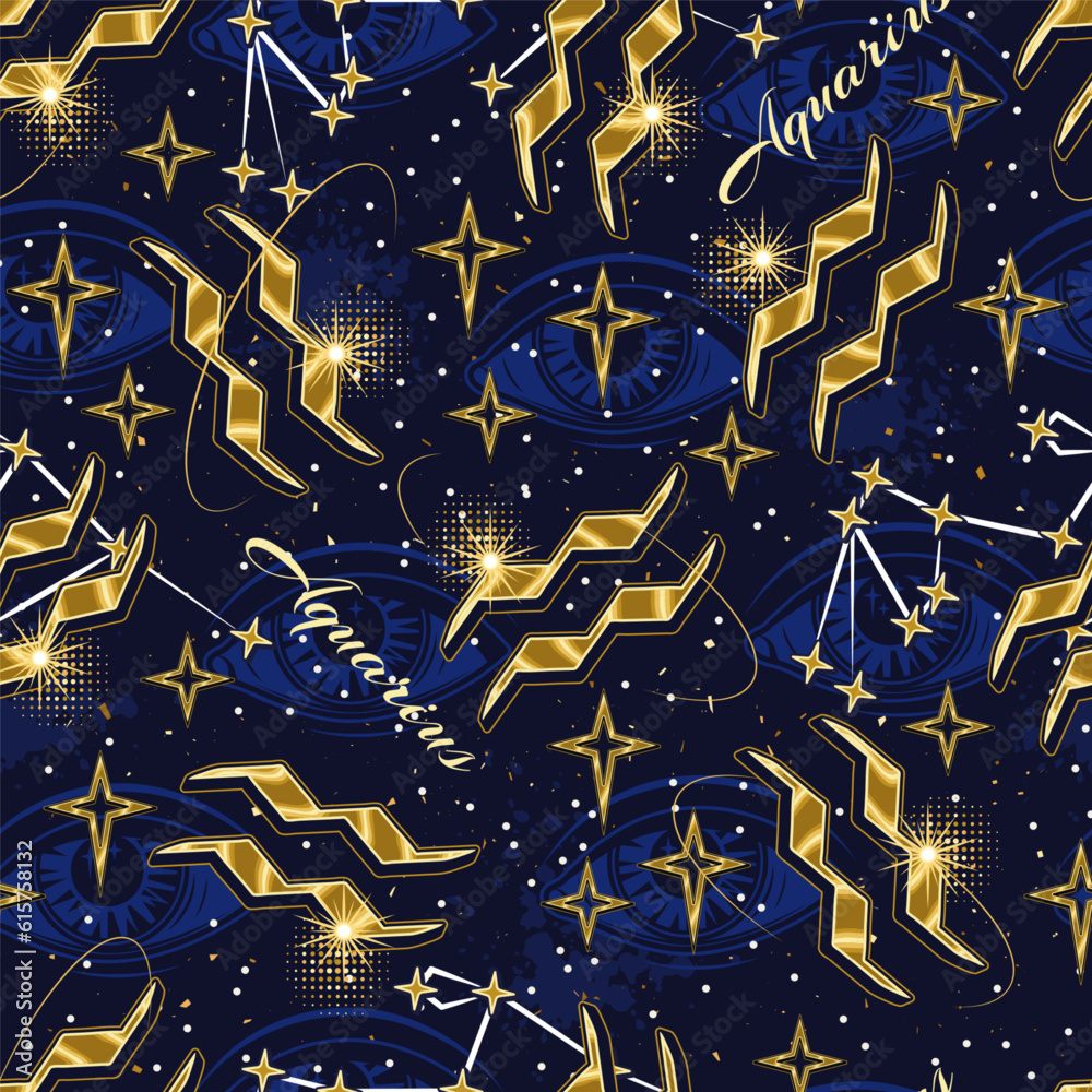 Seamless pattern with golden icon of zodiac sign Aquarius ...