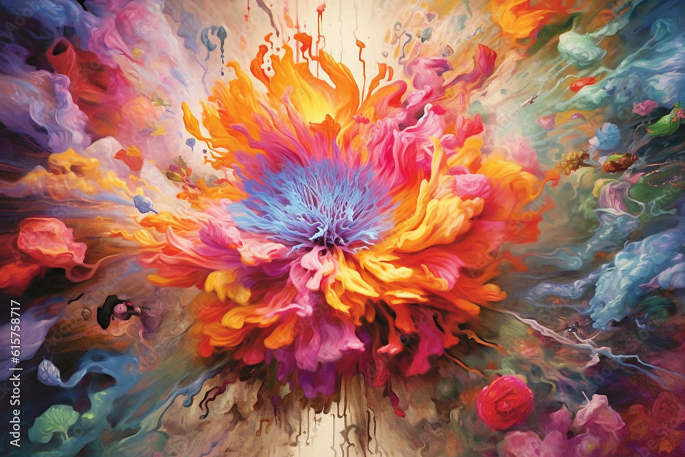 An abstract painting featuring an explosion of vibrant flowers emerging ...