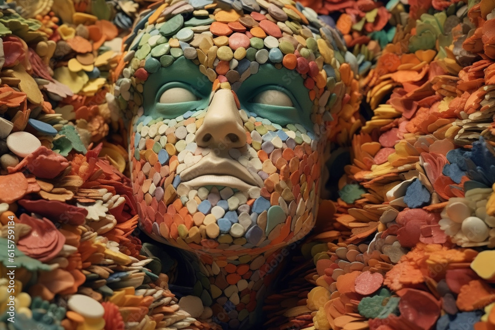 : A three-dimensional installation where a human head sculpture is ...