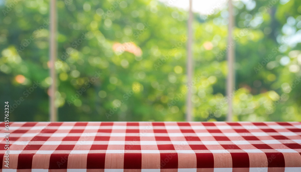 Checkered tablecloth texture top on blur of curtain with window view ...