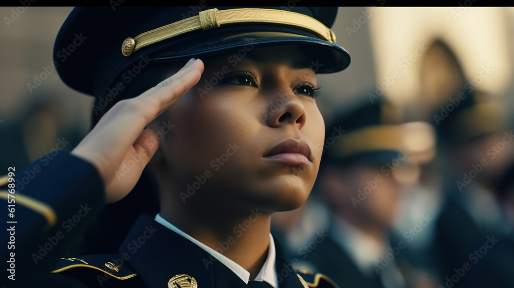 Female Soldier Saluting During Military Ceremony. US Officer giving the ...