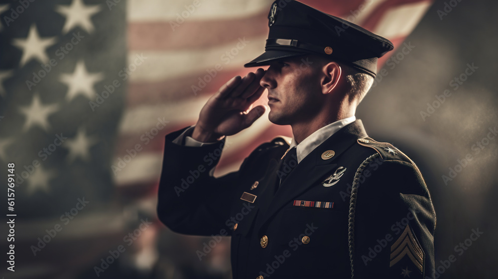 Soldier Saluting with American Flag During Military Ceremony. US ...