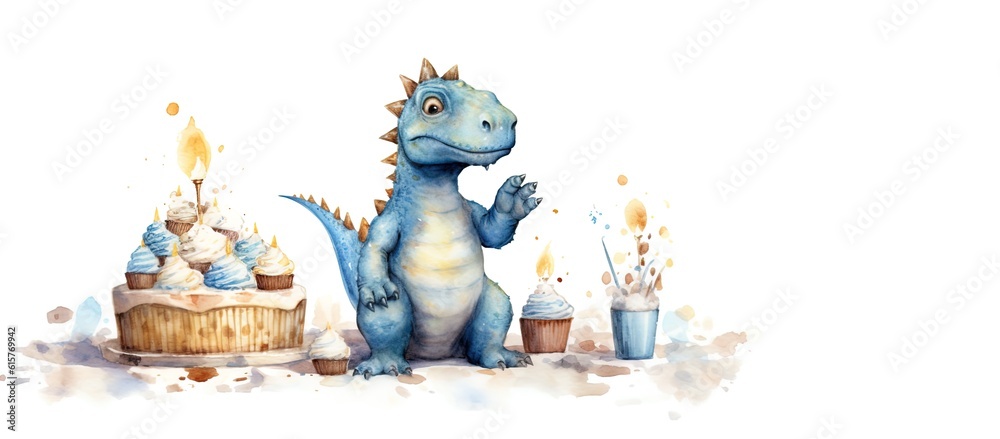 Blue dinosaur celebrating birthday, blue dragon and birthday cake ...
