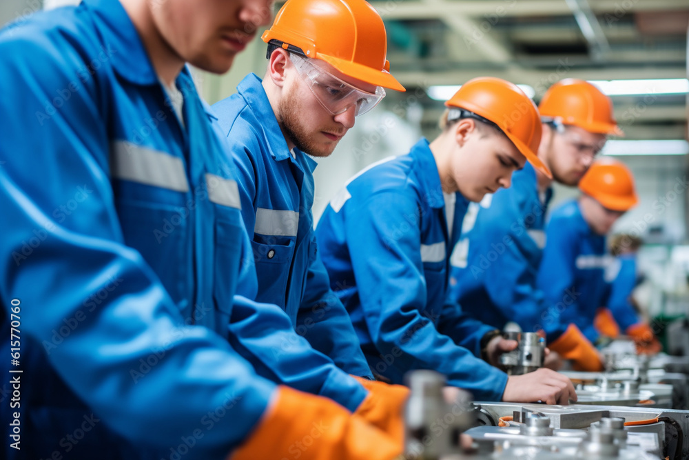 Employee training session with workers learning new skills in a factory ...