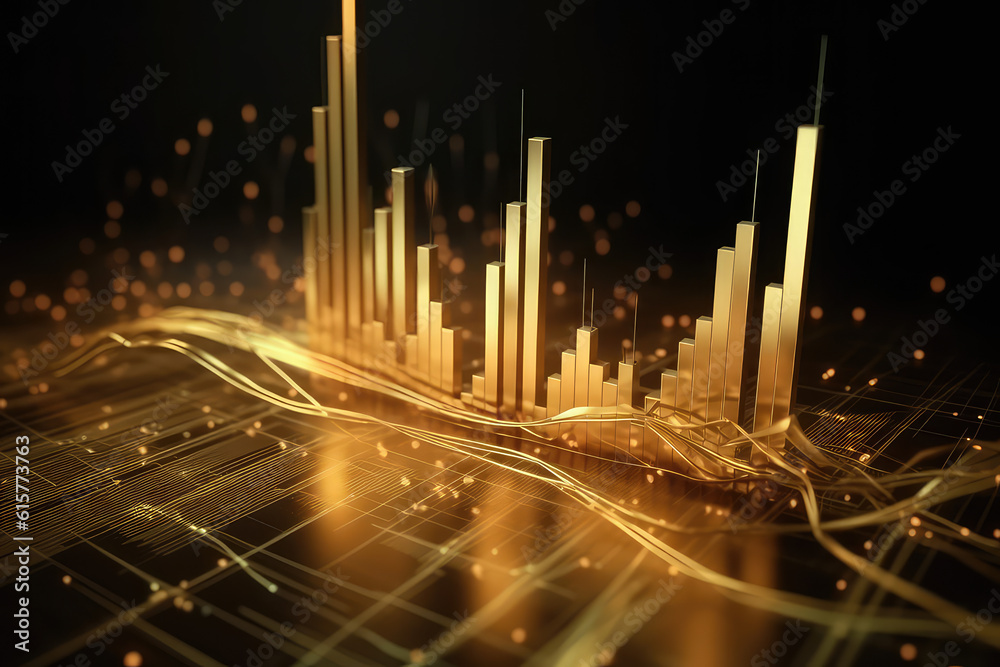 Gold bullion and growth candlestick chart isolated on black background ...
