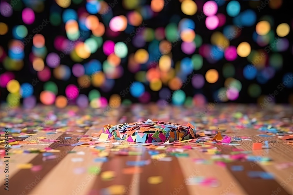 Wooden texture table top on blurred falling colorful confetti ...