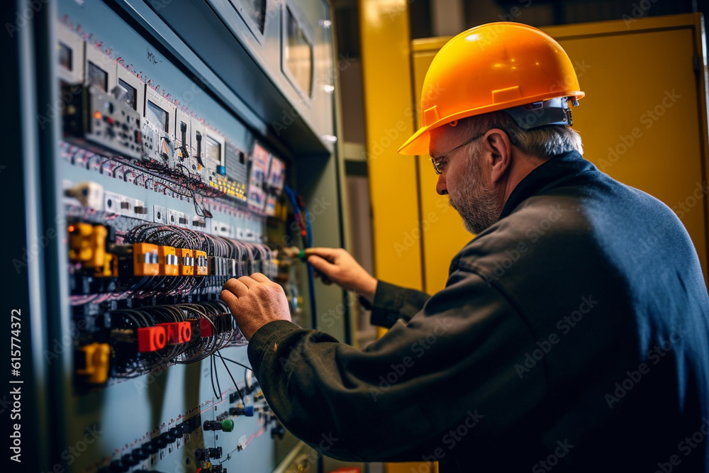 Worker operating a control panel in a factory control room, factory ...