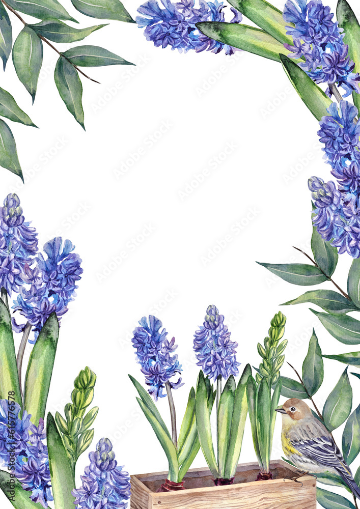 Pre-made frame with watercolor hand-painted elements of blue-purple ...