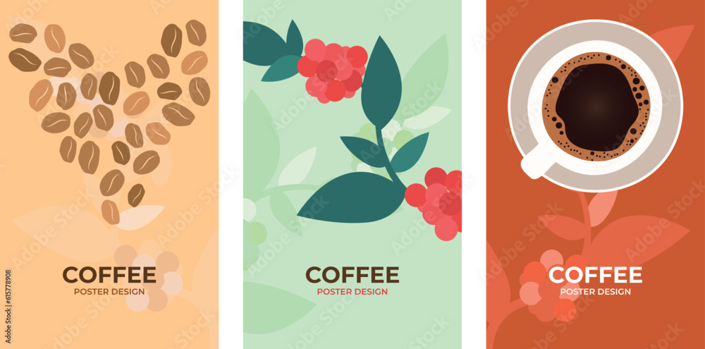 Coffee design poster set. Vector drawing of a cup of coffee, coffee ...