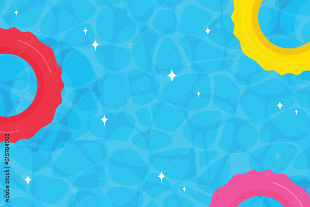 Swimming pool background design with blue water and swimming rings ...
