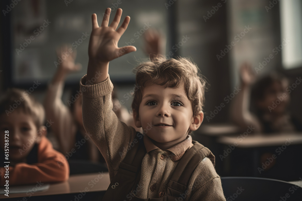 Child who raises hands in class in a classroom. Fictional person ...
