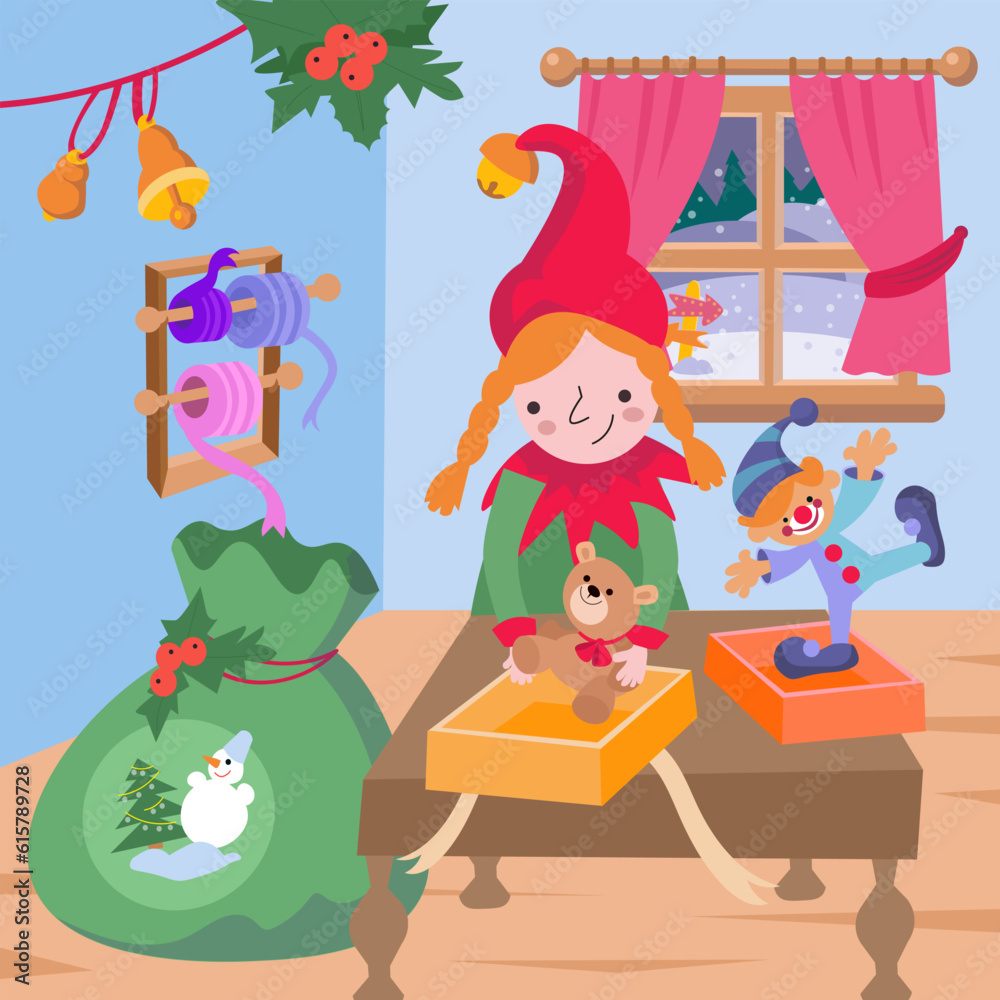 Cute Elf wrapping presents for children. Father Christmas' workshop ...