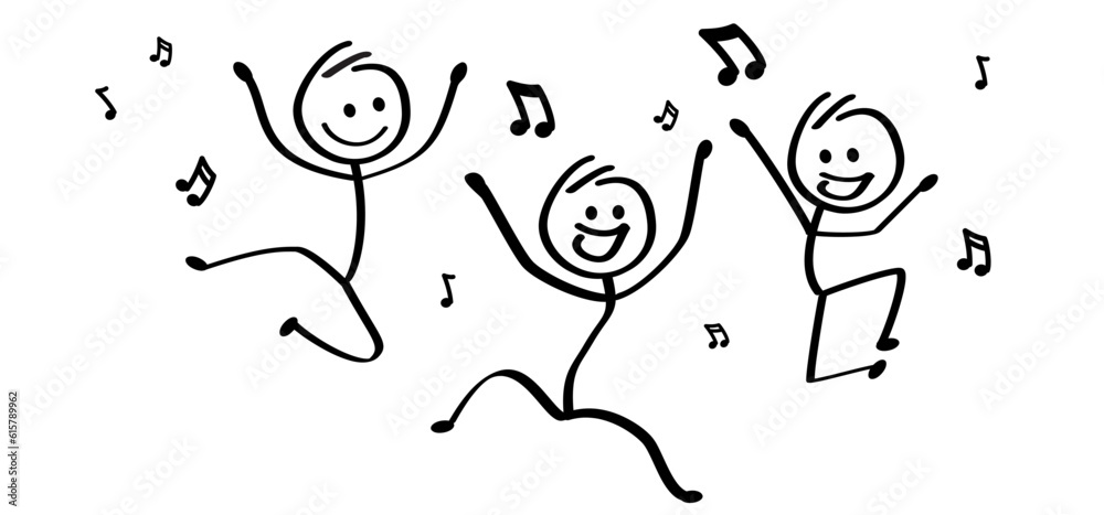 Cartoon dancing couple. Jump, spring, dance and happy stickman people ...