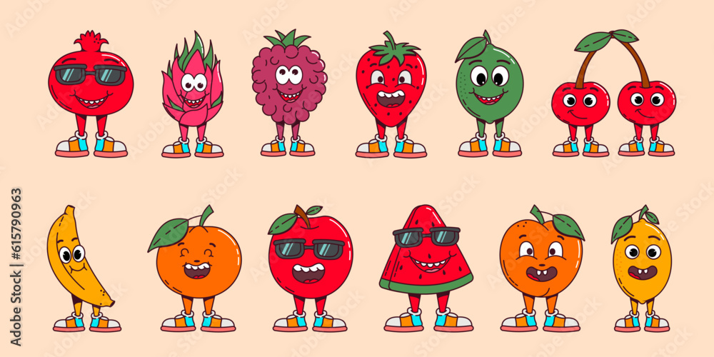 Retro labels with trendy groovy fruits. Collection of bright walking ...