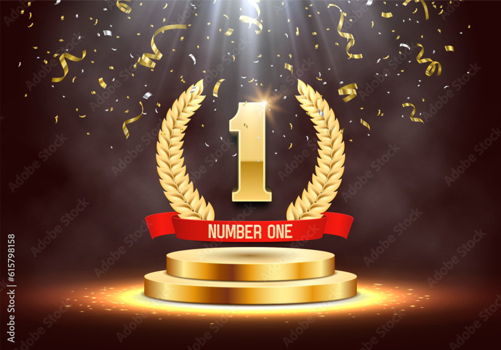 Winner award. Number one. Golden laurel wreath and red ribbon on podium ...