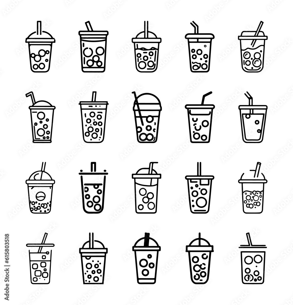 Boba or bubble milk tea drink icons. Pack of bubble milk tea icons on ...
