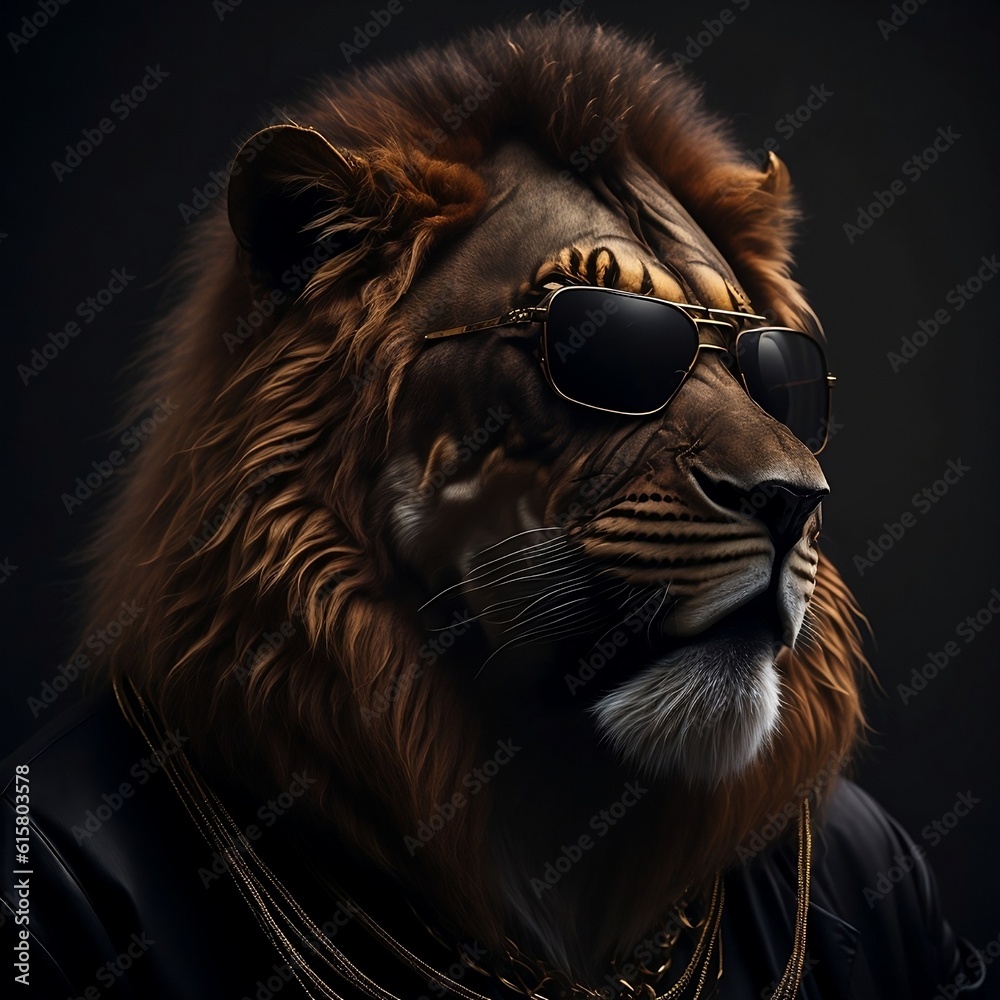 Portrait of a gangster lion with scar wearing gold chains and ...