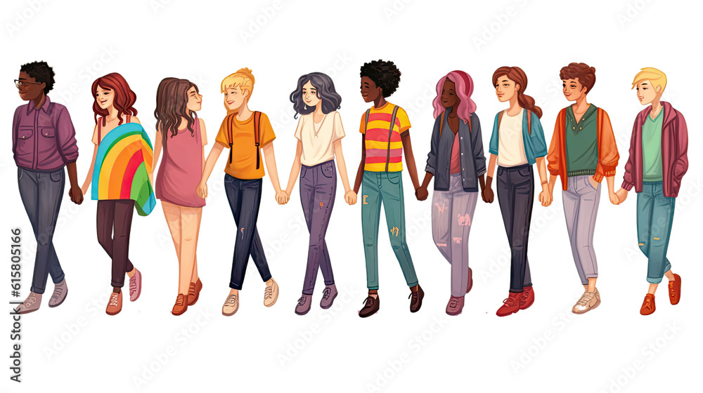 A group of cartoon LGBT people walking down a street, transparent ...