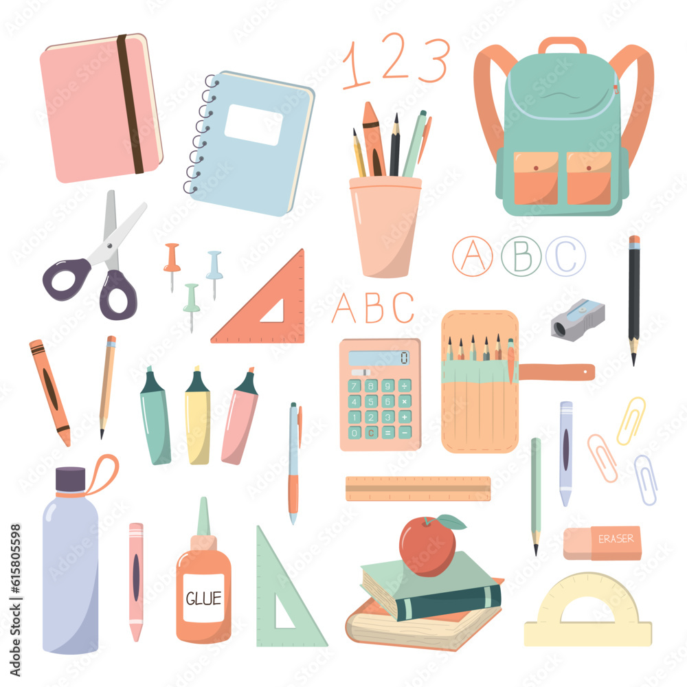 Set of cartoon school items and supplies Vector elements of education ...