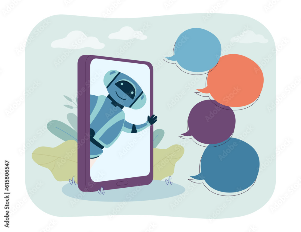 Cute comic robot waving out of phone screen vector illustration ...