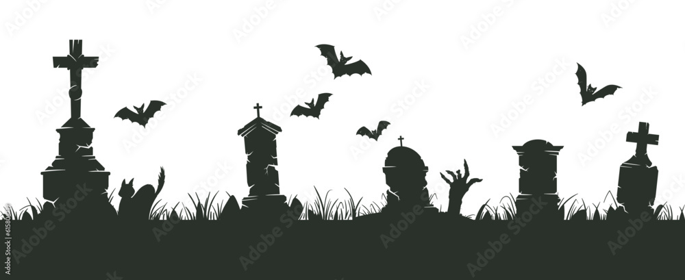 Graveyard silhouette border. Halloween spooky cemetery silhouettes ...