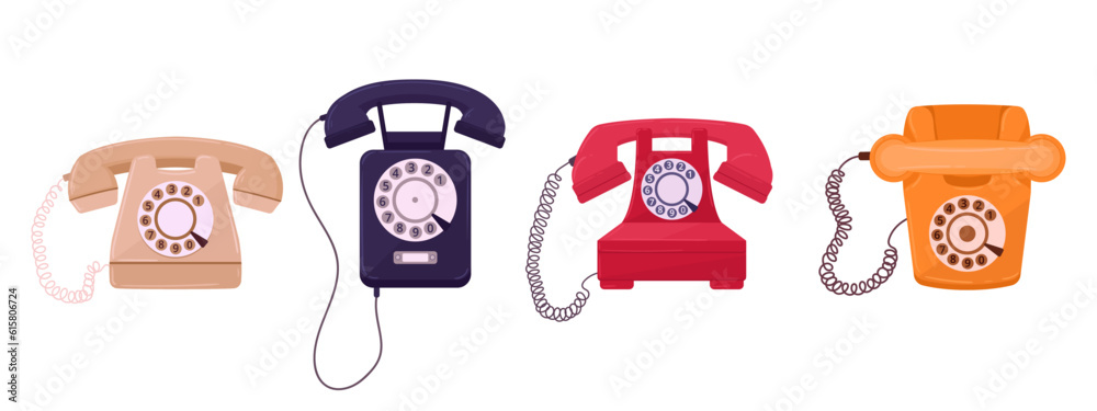 Cartoon old vintage phones. Wired retro phones, classic rotary ...