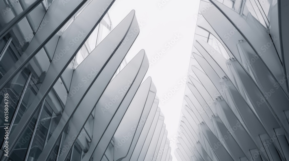 Horizontal shot abstract buildings with white metallic ribs and glass ...