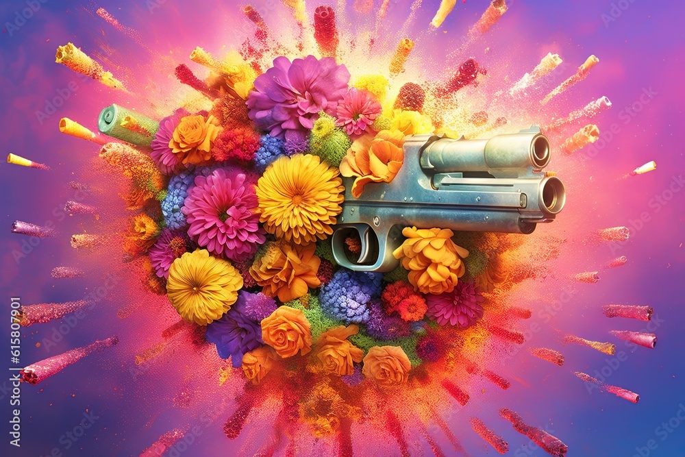 Gun firing flowers, rainbow colors background illustration generative ...