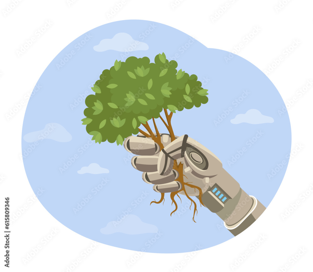 Huge robotic hand breaking tree vector illustration. Cartoon drawing of ...