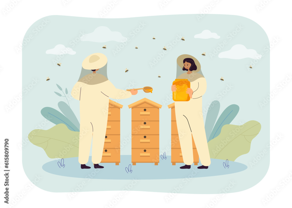 Happy beekeepers collecting honey vector illustration. Cartoon drawing ...