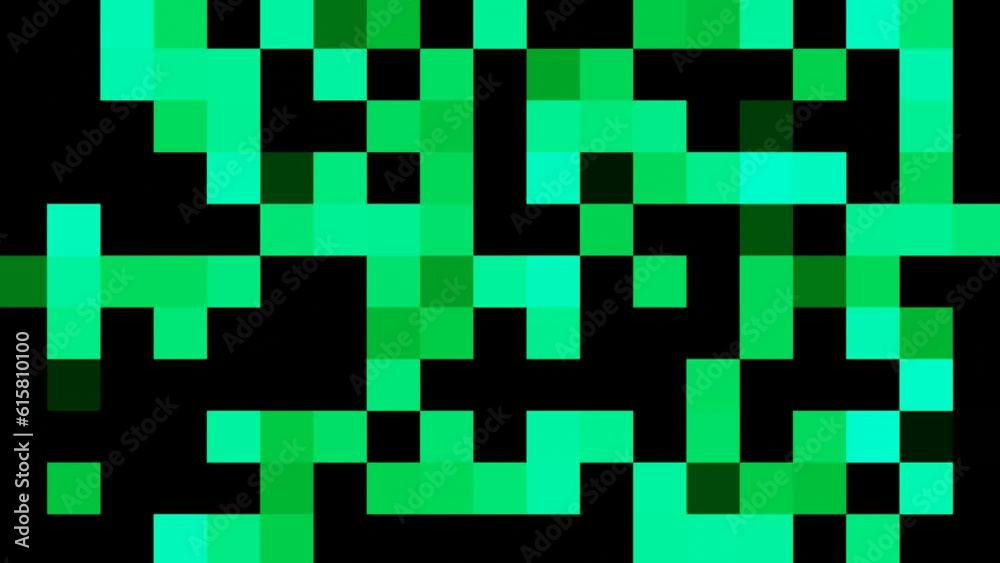 Abstract retro animation in the style of 8 bit green pixels on black background. 3d motion ...
