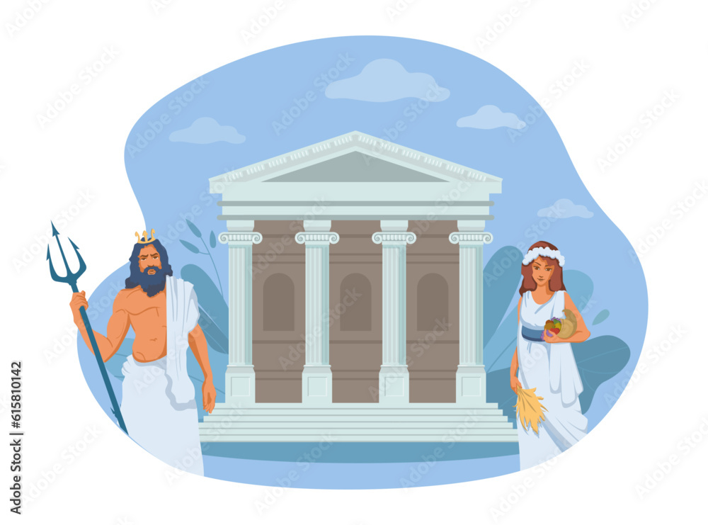 Greek gods next to temple in Athens vector illustration. Cartoon ...