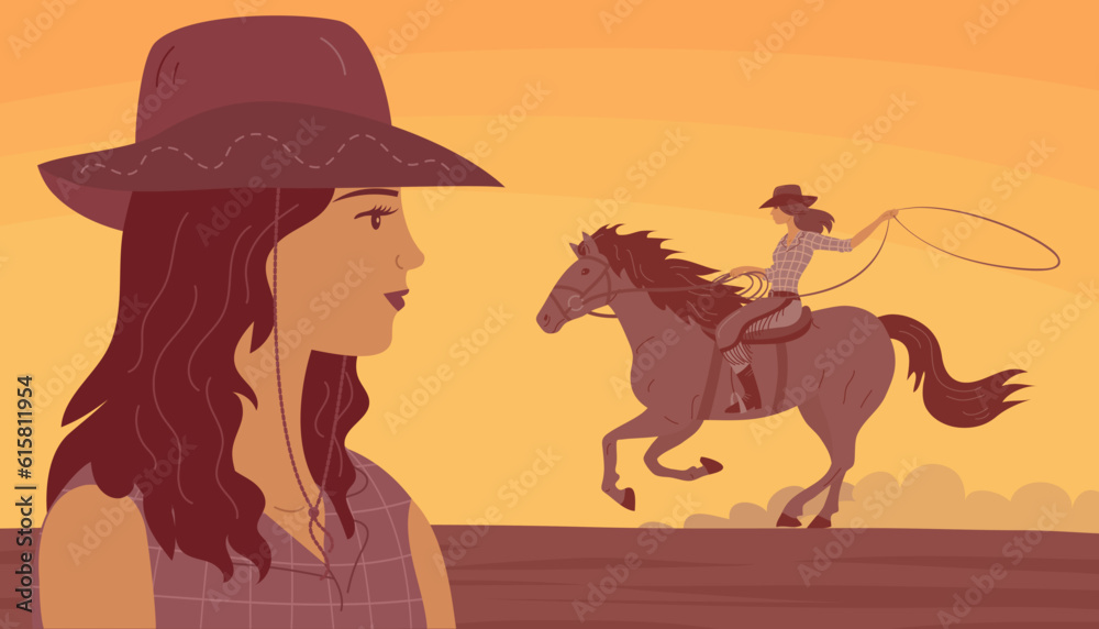 Beautiful cowboy girl in a hat rides a horse. Athletic agile woman ...