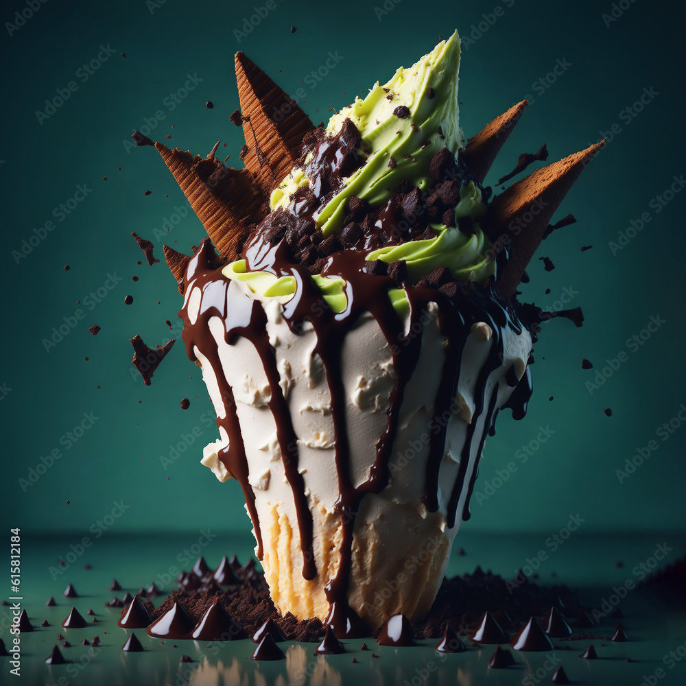 Delicious splash ice cream cone design with exploding and liquify ...