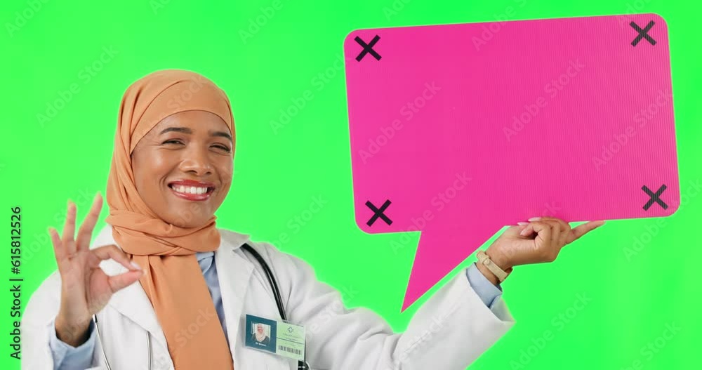 Muslim woman, doctor and okay sign with speech bubble on green screen ...
