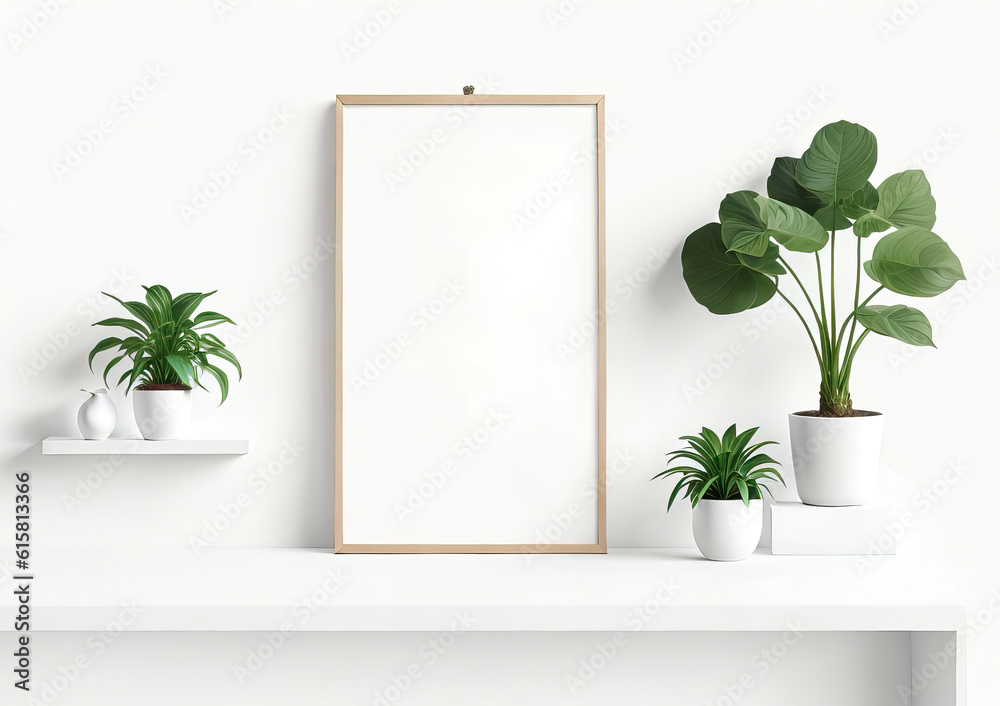 ภาพประกอบสต็อก frame with plants and desk, White wall with an empty ...