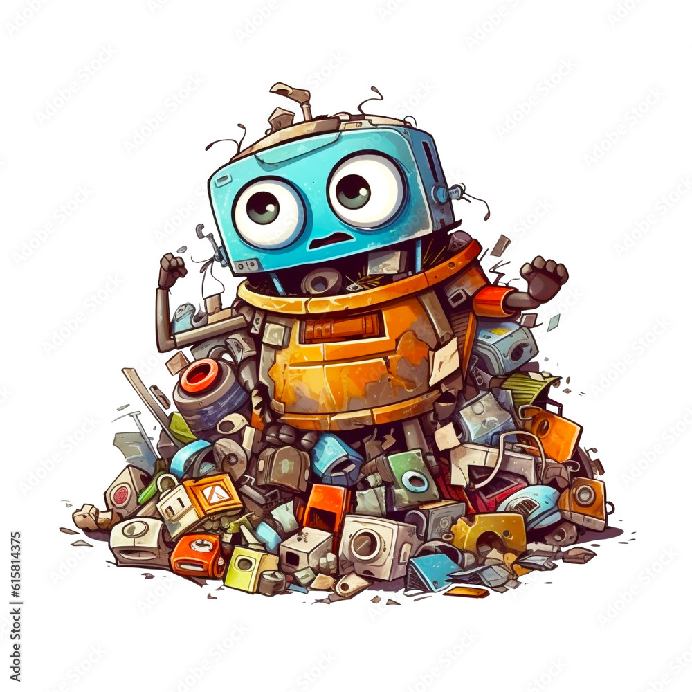 Cartoon illustration, junkyard electronic waste , cute robot unhappy ...