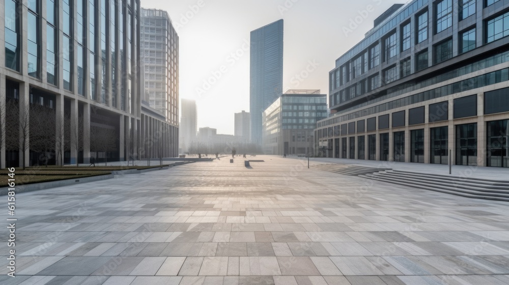 Empty town square with concrete floor in front of office buildings in ...