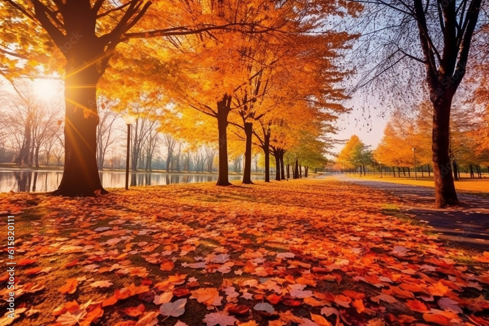 autumn trees in the park - Long avenue of trees tunnels in the fall ...