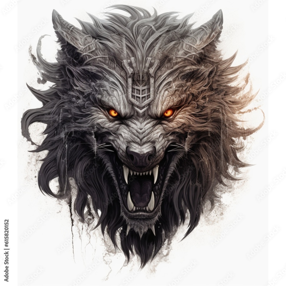 Fenrir Wolf in fury from profil with viking design in his face ...