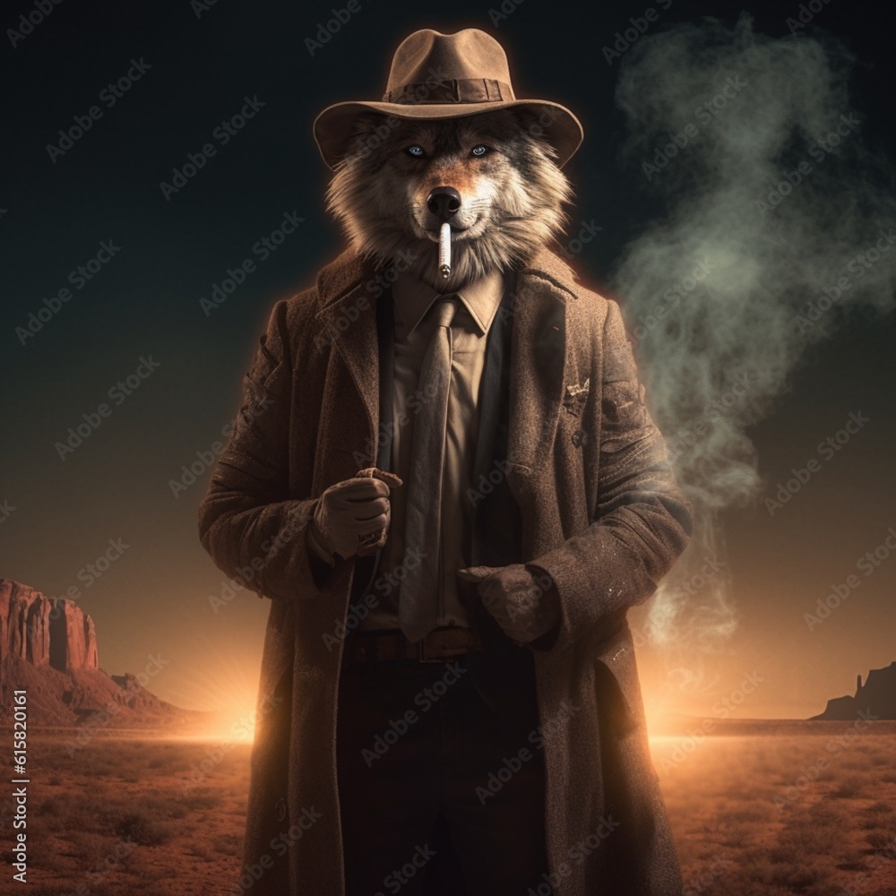 A Wolf standing upright on two legs wearing a long trench coat. The ...
