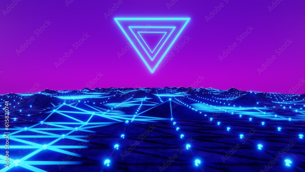 Abstract 80s 3D background. Synthwave videogame wallpaper with neon blue triangles and glowing ...