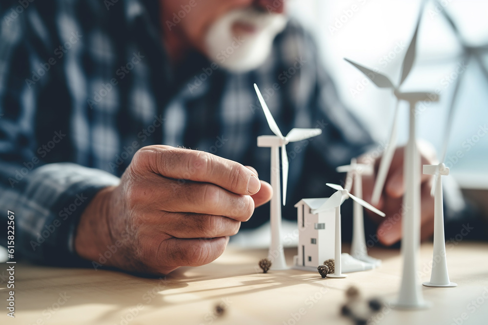 An engineer with a models of a wind turbine. Sustainable green energy ...