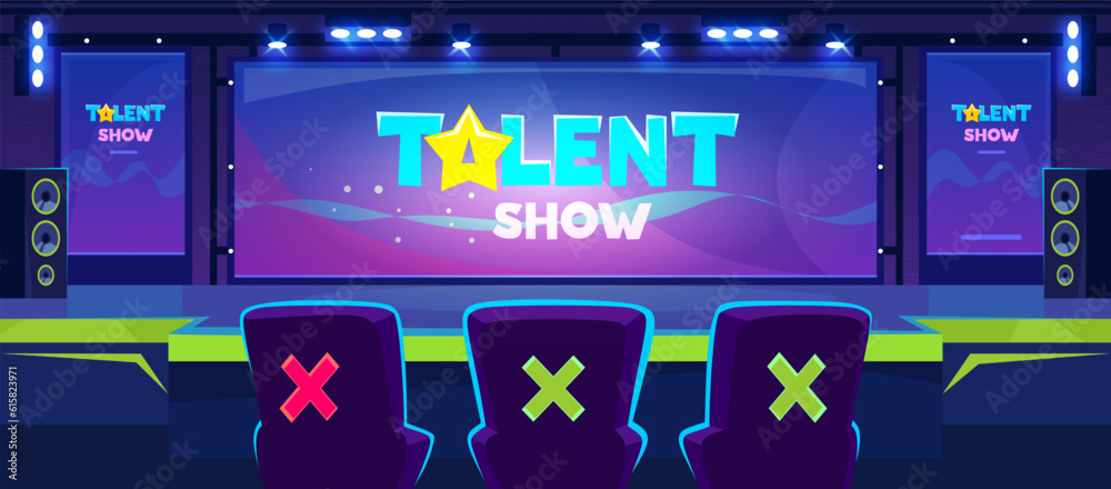 Background of a talent show competition with stage and judges' chairs ...