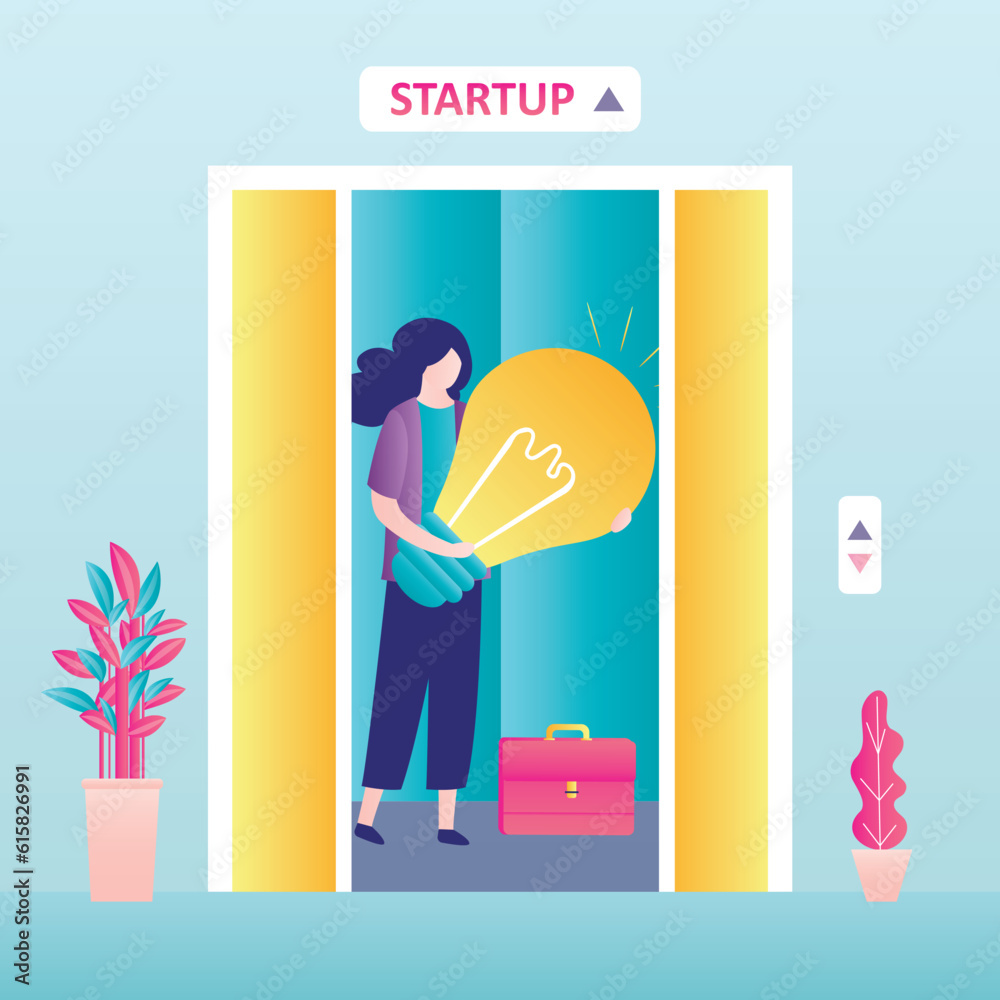 Startup, concept. Smart businesswoman standing in elevator with glowing ... Startup, concept. Smart businesswoman standing in elevator with glowing ...