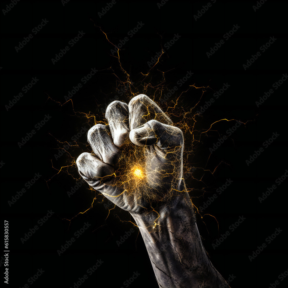 Powering hand with an electric shock. isolated black background ...