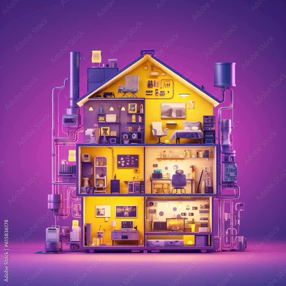 Smart Home mesh network. Home automation grid. Cross section of a house ...