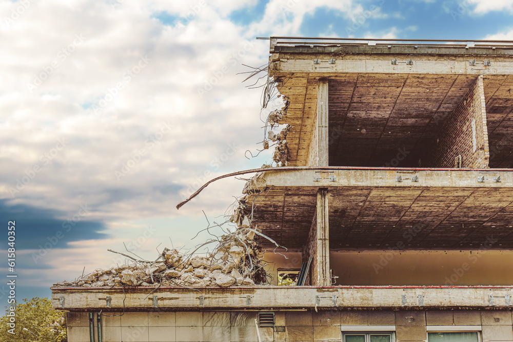 Process of demolition of old building dismantling. Breaking old ...