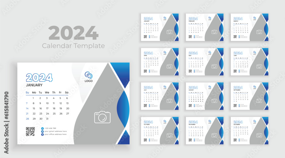 Calendar 2024 planner corporate template design set. Minimalist desk ...