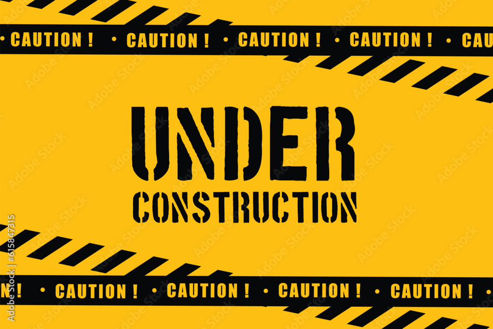 Under construction warning sign text with yellow black stripes painted ...